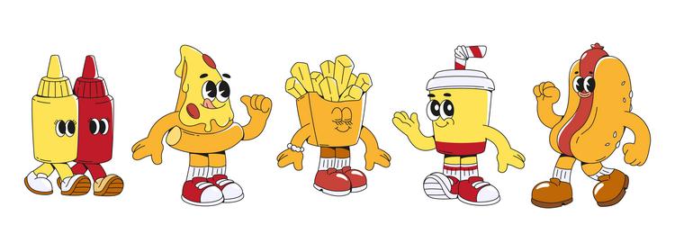 Groovy fast food characters set Royalty Free Vector Image