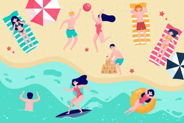Summer beach with sunbathing people Royalty Free Vector