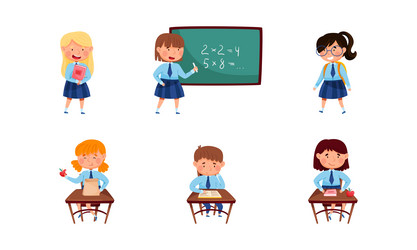 Back to school with kids wearing blue uniform Vector Image