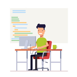 Cartoon programmer writes code workspace concept Vector Image
