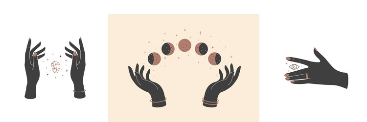 Magic hands with moon phases in trendy linear Vector Image