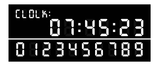 Digital font alarm clock letters and numbers Vector Image