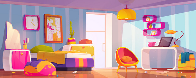 Dirty and messy kid bedroom cartoon Royalty Free Vector