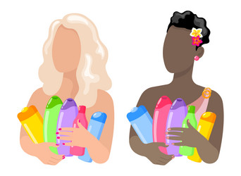Two templates of faceless girls with shampoo Vector Image