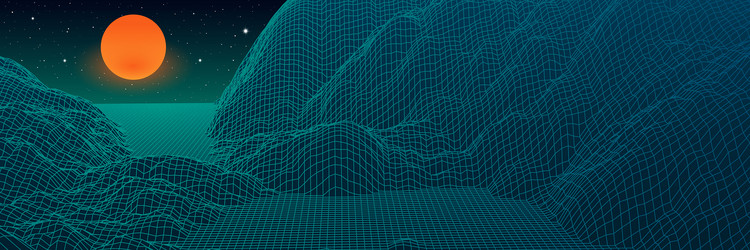 Neon grid landscape and sun with 80s arcade game Vector Image