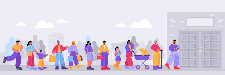 People crowd standing in queue outside doors Vector Image