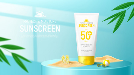 Summer background with 3d stage and sunscreen Vector Image