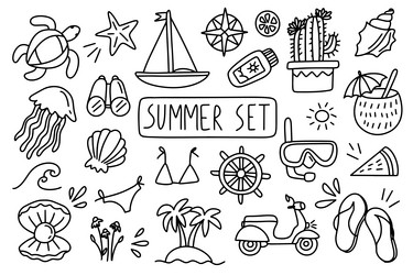 Beach vacation sea line drawings elements summer Vector Image