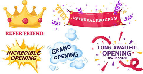 Megaphone label set with text grand opening Vector Image