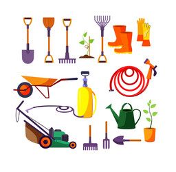 Gardening tools set in cartoon style with rake Vector Image