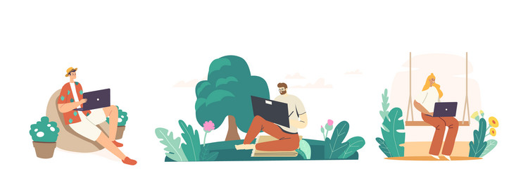 Woman freelancer with laptop work in city park Vector Image