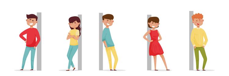 Cheerful people characters leaned against the wall