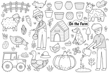 Farm activities black and white set with cute kids