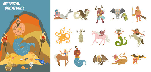 Vintage set of mythical creatures on blackboard Vector Image
