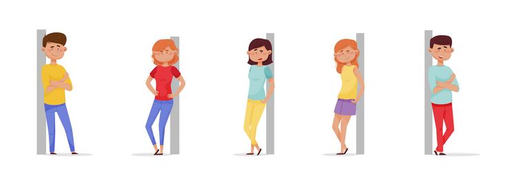 Cheerful people characters leaned against the wall