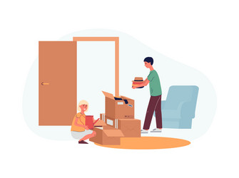 Cartoon families moving cardboard boxes into new Vector Image