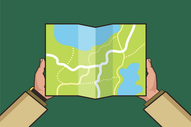 Hands hold folded paper map of world with markers Vector Image