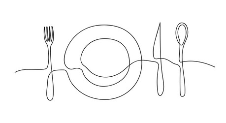 Continuous one line drawing plate khife and fork Vector Image