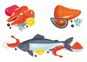Cartoon seafood dishes lobster crab baked fish Vector Image