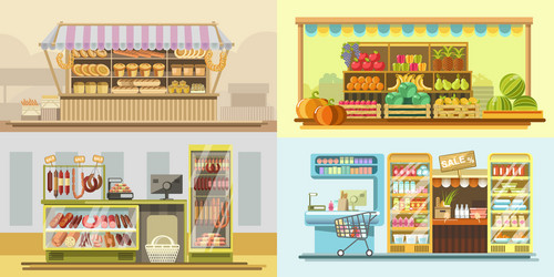 Supermarket cartoon products grocery store food Vector Image