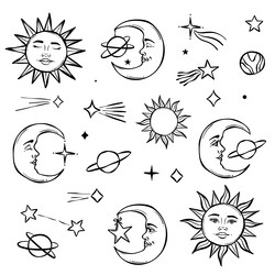 Celestial line art doodles clip set with sun Vector Image