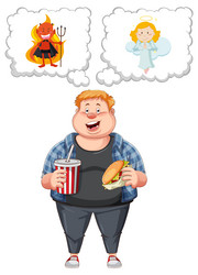 Overweight man fighting between eating healthy Vector Image