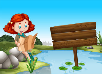 Little girl on log reading a map Royalty Free Vector Image