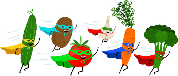 Vegetables superheroes flat characters Royalty Free Vector