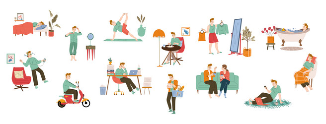 Man daily routine life cycle schedule habits set Vector Image