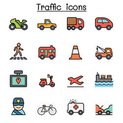 Traffic and transportation color line icon set Vector Image