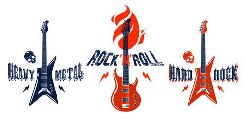 Hard rock emblems with electric guitar logos set Vector Image