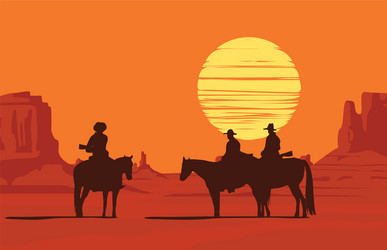 Cowboy in horse and cows desert sunset Royalty Free Vector
