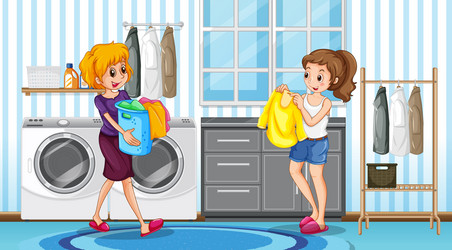 Laundry room scene with two women cartoon Vector Image