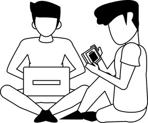 Men using technology devices cartoon in black Vector Image