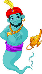 Blue genie from bottle show list of wishes Vector Image