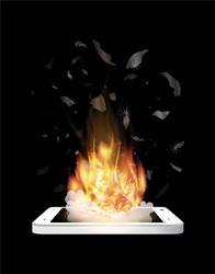 Broken smartphone explosion with burning fire Vector Image