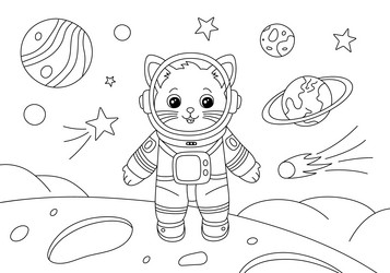 Coloring page with astronaut cat and planets Vector Image