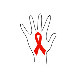 Humans hand with red ribbon aids continuous one Vector Image