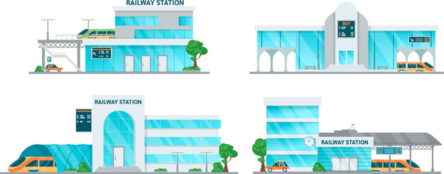 Railway station building cartoon set Royalty Free Vector