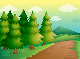 Cartoon of forest scene with dirt road Royalty Free Vector