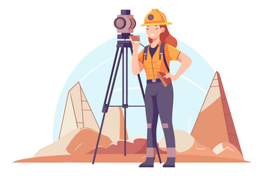 Happy female engineer in helmet and uniform using Vector Image