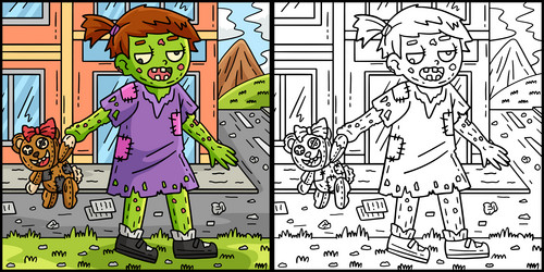 Zombie girl with plushie coloring pages for kids Vector Image