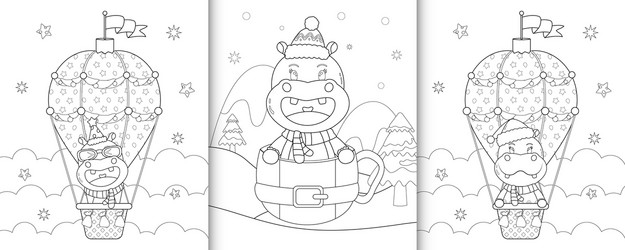 Coloring book with cute hippo christmas characters
