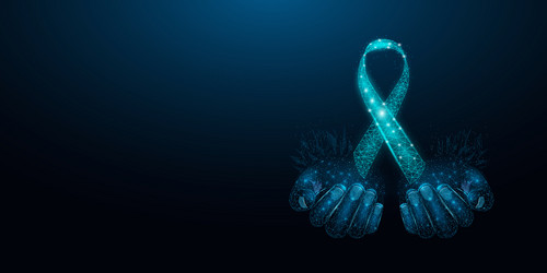 Two human hands are holds teal ribbon awareness Vector Image