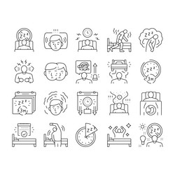 Insomnia person chronic problem icons set Vector Image
