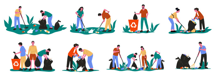 People collecting and throwing garbage into trash Vector Image