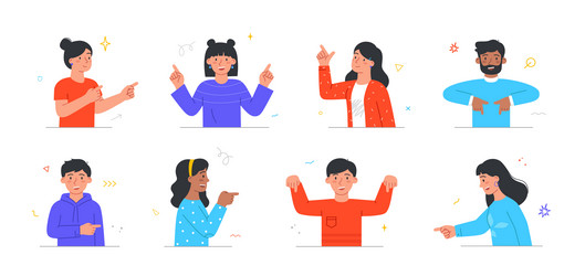 Set of different people pointing finger Royalty Free Vector