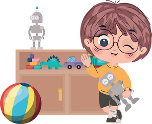 Cute boy sitting on floor and cleaning up his toys