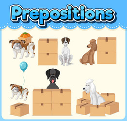 Preposition wordcard with dog and box Royalty Free Vector