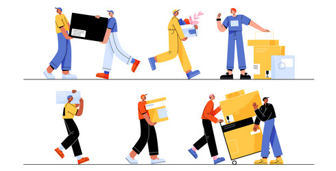 Set of moving service workers carrying boxes Vector Image